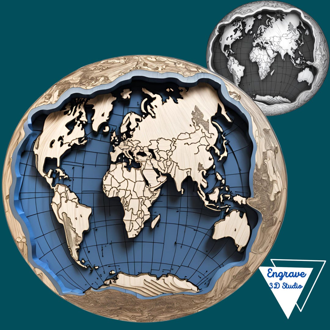 World Map 3D Illusion Depth Map Laser Burn Laser Ready File digital ...
