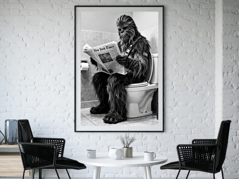 Chewbacca Reading Newspaper on Toilet Print, Black and White Bathroom ...