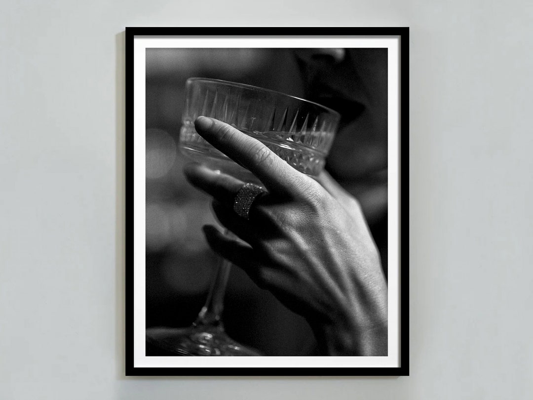 Woman Drinking Champagne Print, Black and White, Bar Cart Print ...