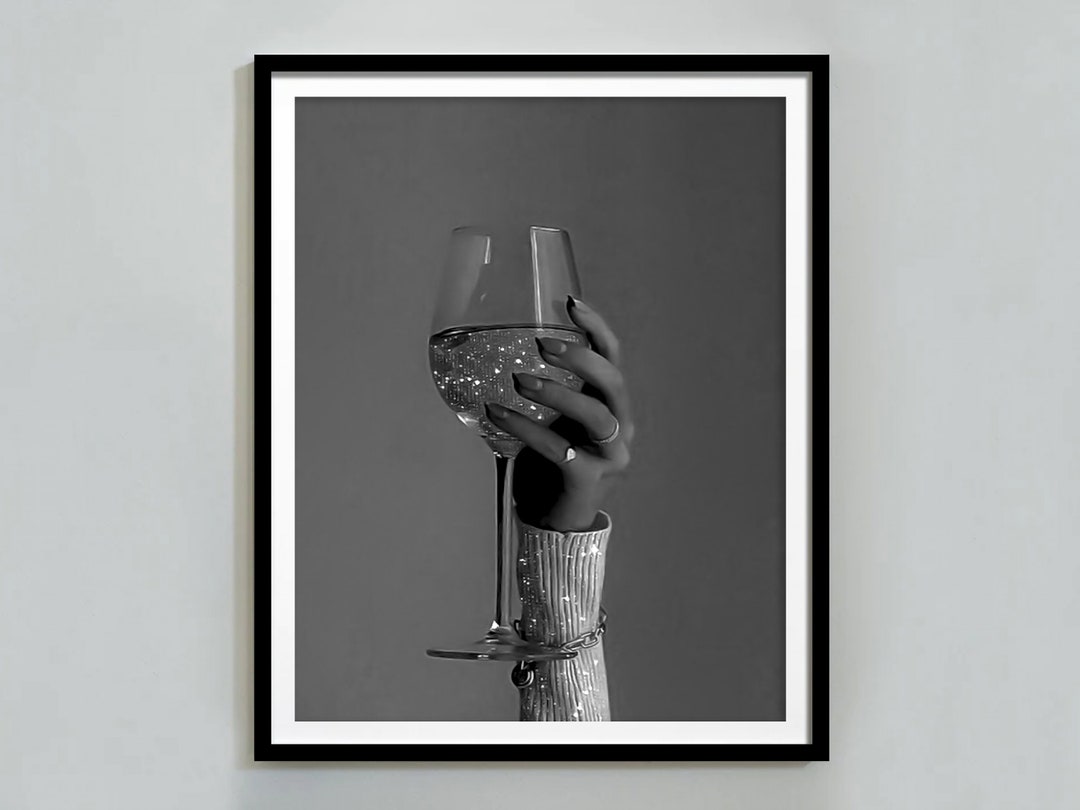 Funky Wine Glass in Disco Party Poster, Bar Cart Print, Black and White ...