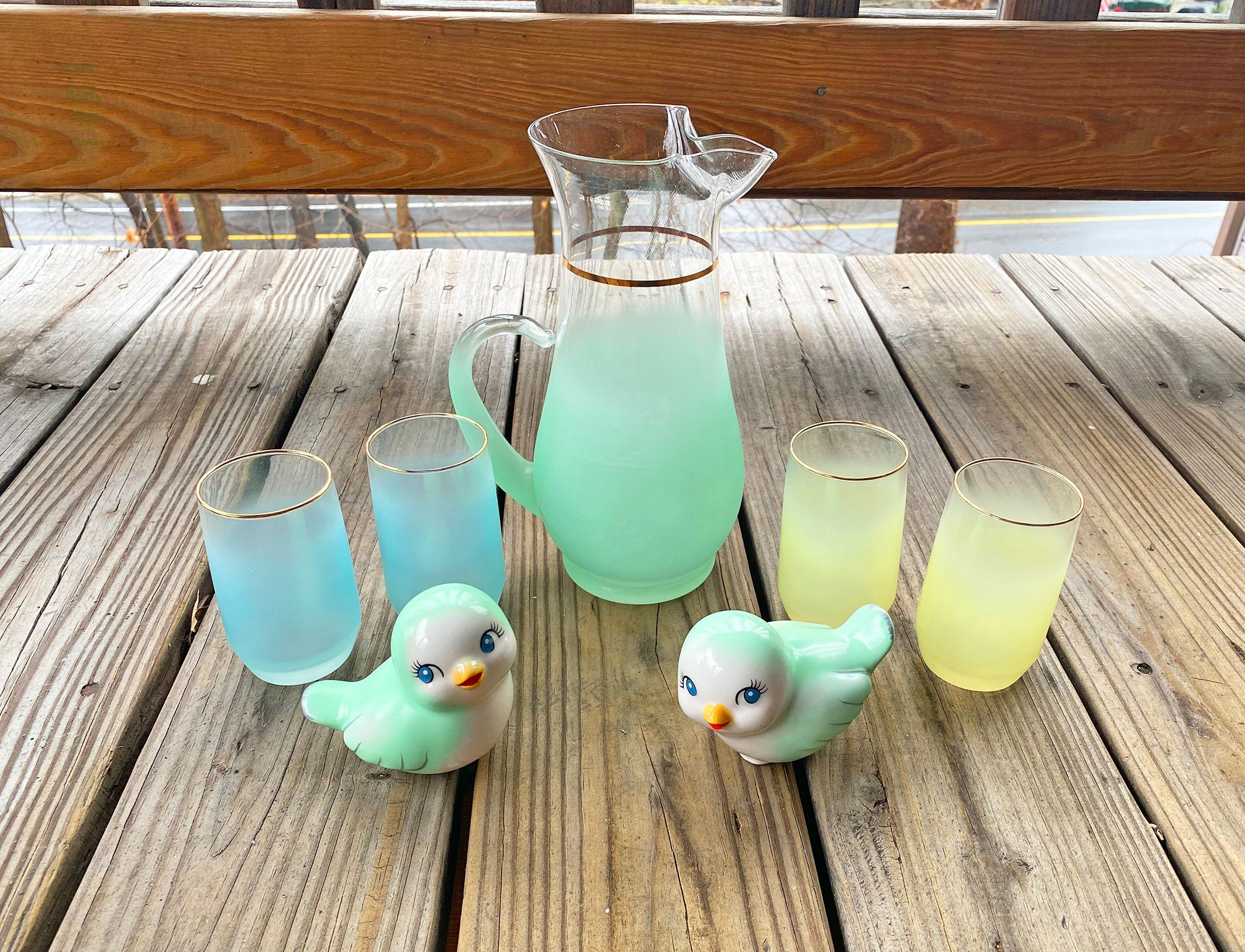 Blendo Pitcher Glasses Set + 2 Seafoam Green Spritz Birds - Etsy
