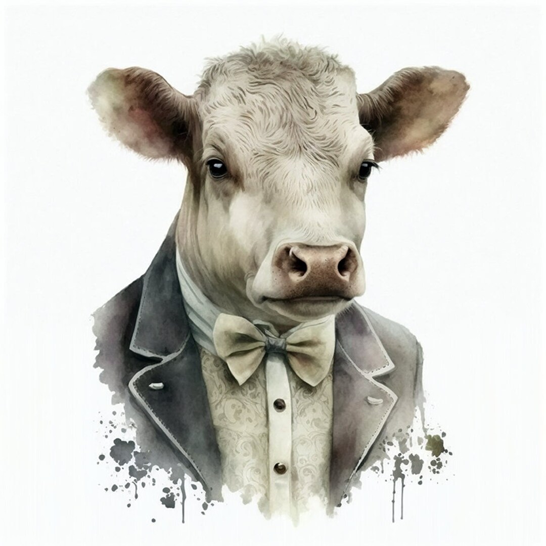 Charolais Cow in Fancy Clothes, Fantasy Ranch Livestock Watercolor ...