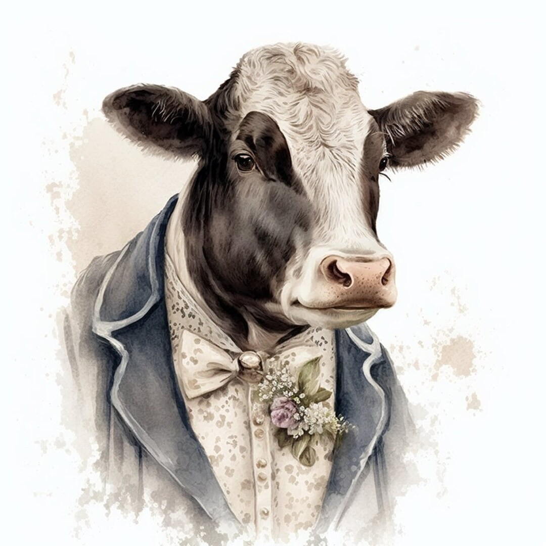 Holstein Cow in Fancy Clothes, Fantasy Ranch Livestock Watercolor ...
