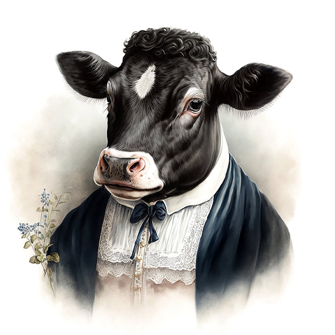 Angus Cow in Fancy Clothes, Fantasy Ranch Livestock Watercolor Painting ...