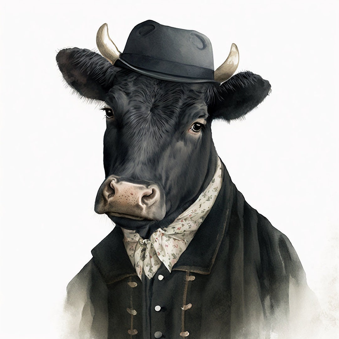 Angus Cow in Fancy Clothes, Fantasy Ranch Livestock Watercolor Painting ...