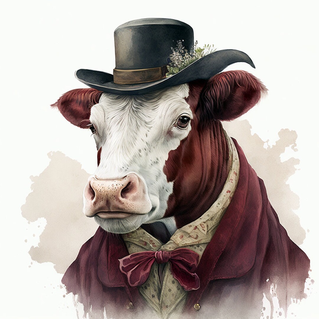 Hereford Cow in Fancy Clothes, Fantasy Ranch Livestock Watercolor ...