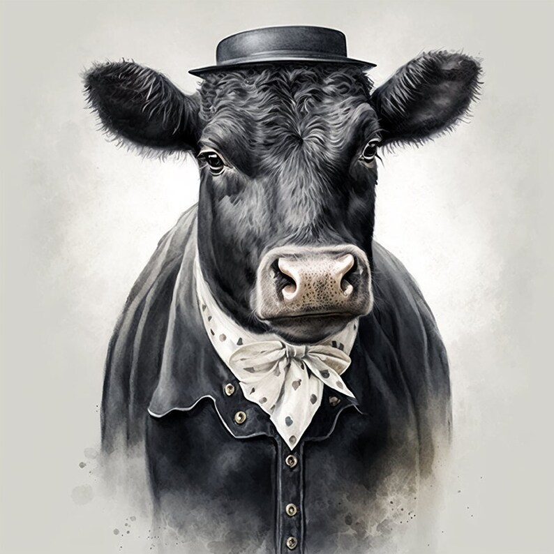 Angus Bull in Fancy Clothes, Fantasy Ranch Livestock Watercolor ...