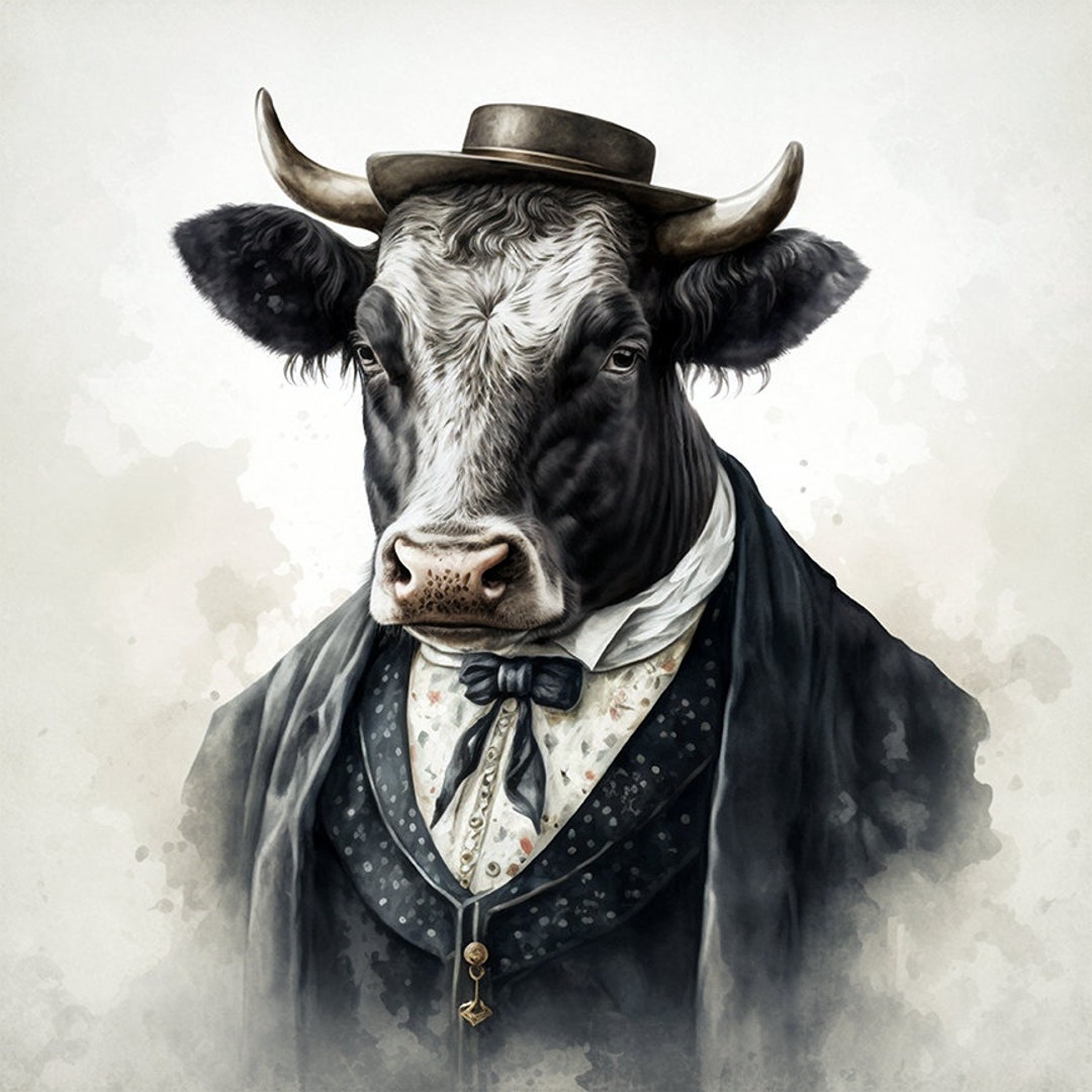 Angus Bull in Fancy Clothes, Fantasy Ranch Livestock Watercolor ...