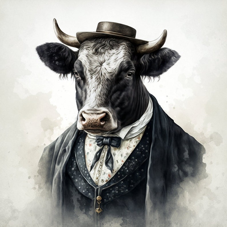 Angus Bull in Fancy Clothes, Fantasy Ranch Livestock Watercolor ...