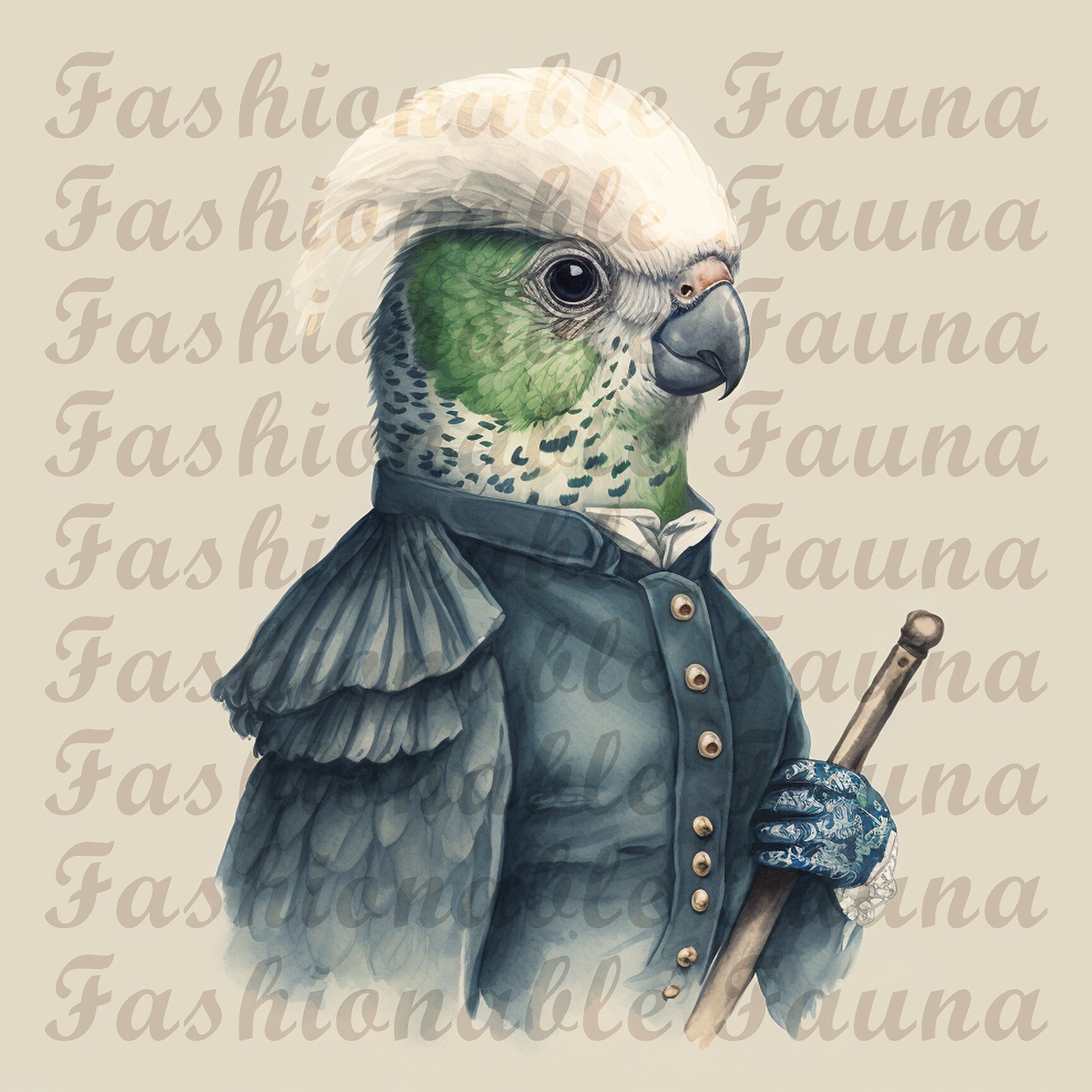 Parakeet Budgie in Fancy Clothing, Elegant Vintage Bird Art, Cute Pet ...