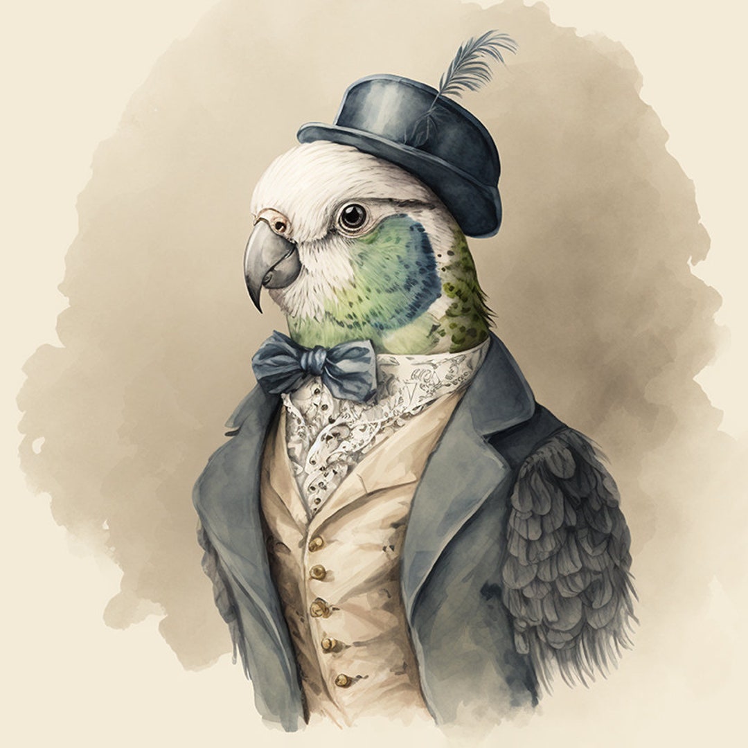 Parakeet Budgie in Fancy Clothing, Elegant Vintage Bird Art, Cute Pet ...