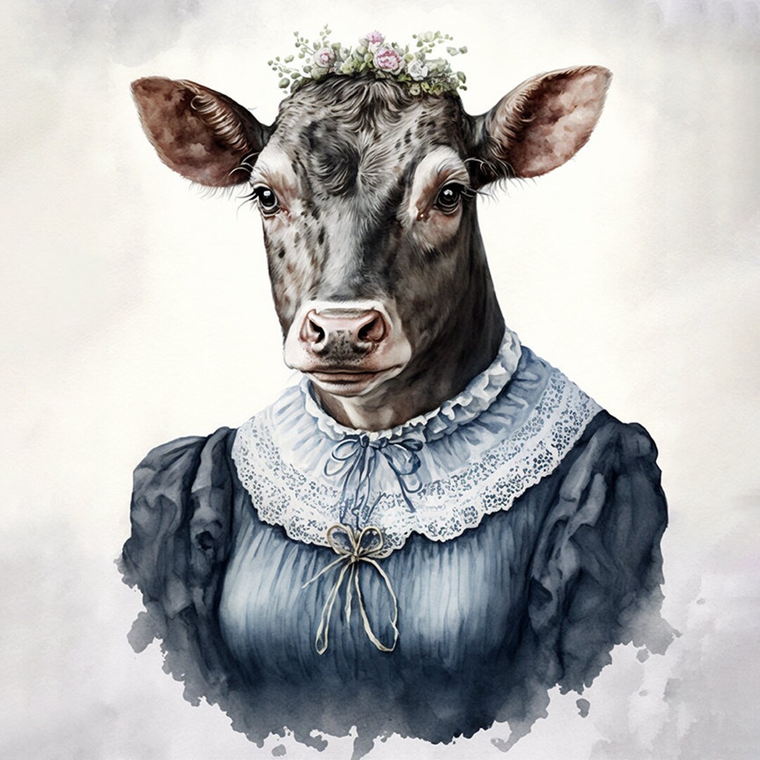 Angus Cow in Fancy Clothes, Fantasy Ranch Livestock Watercolor Painting ...
