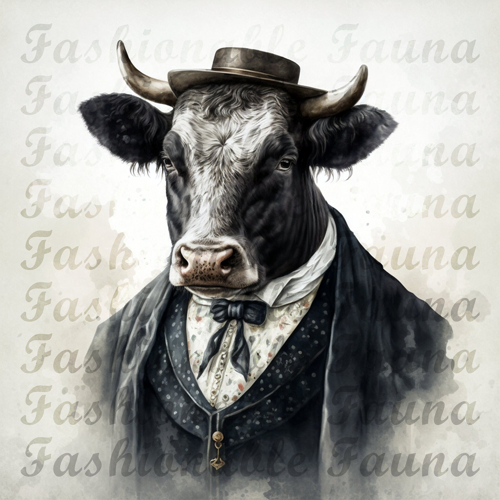 Angus Bull in Fancy Clothes, Fantasy Ranch Livestock Watercolor ...