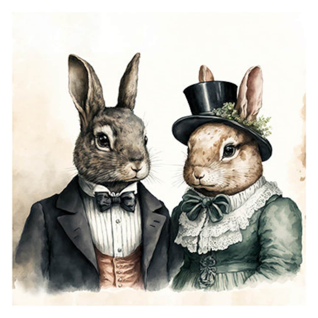 Rabbit Couple in Fancy Clothing, Well-dressed Rabbits, Elegant Bunny ...