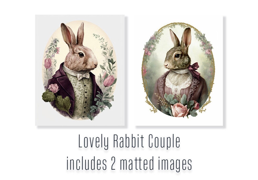 PRINTED IMAGES Black 5x7 Mat Lovely Rabbit Couple Fancy Burgundy Formal ...