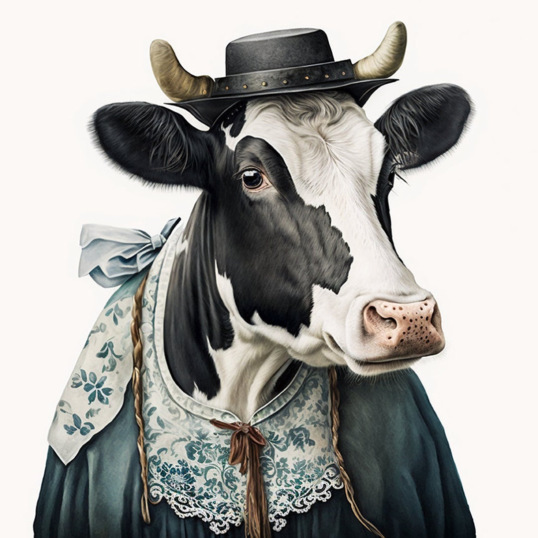 Holstein Cow in Fancy Clothes, Fantasy Ranch Livestock Watercolor ...