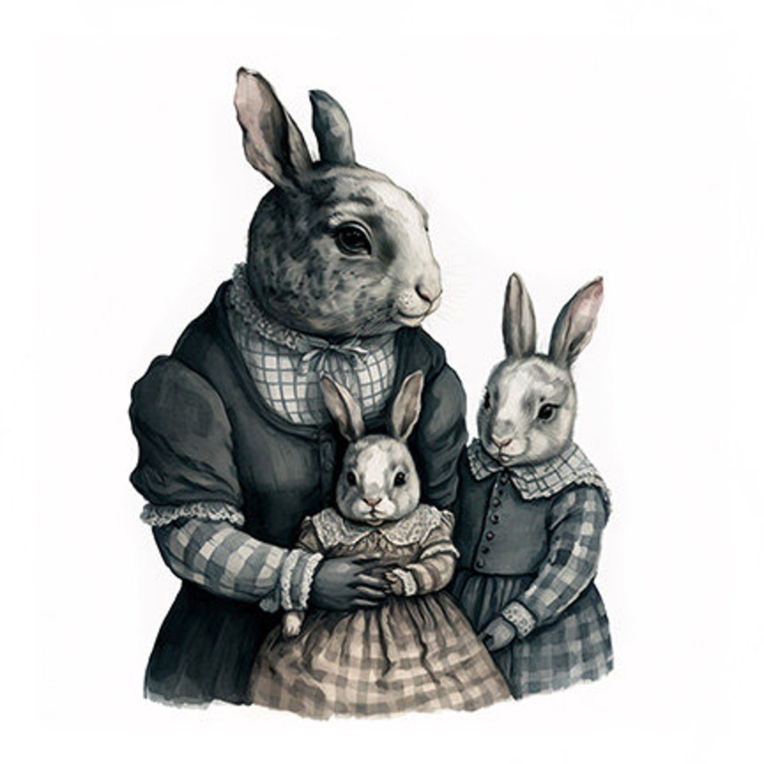 Rabbit Mother and Her Babies in Fancy Clothing, Well-dressed Rabbits ...