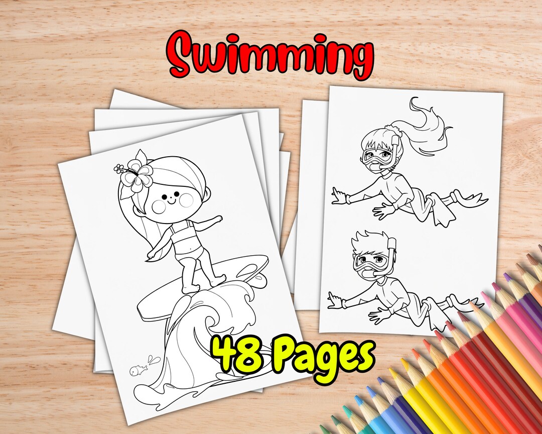 Swimming Coloring Pages for Kids Ages 4-8| Printable Coloring Book With ...