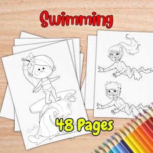 Swimming Coloring Pages for Kids Ages 4-8| Printable Coloring Book With ...