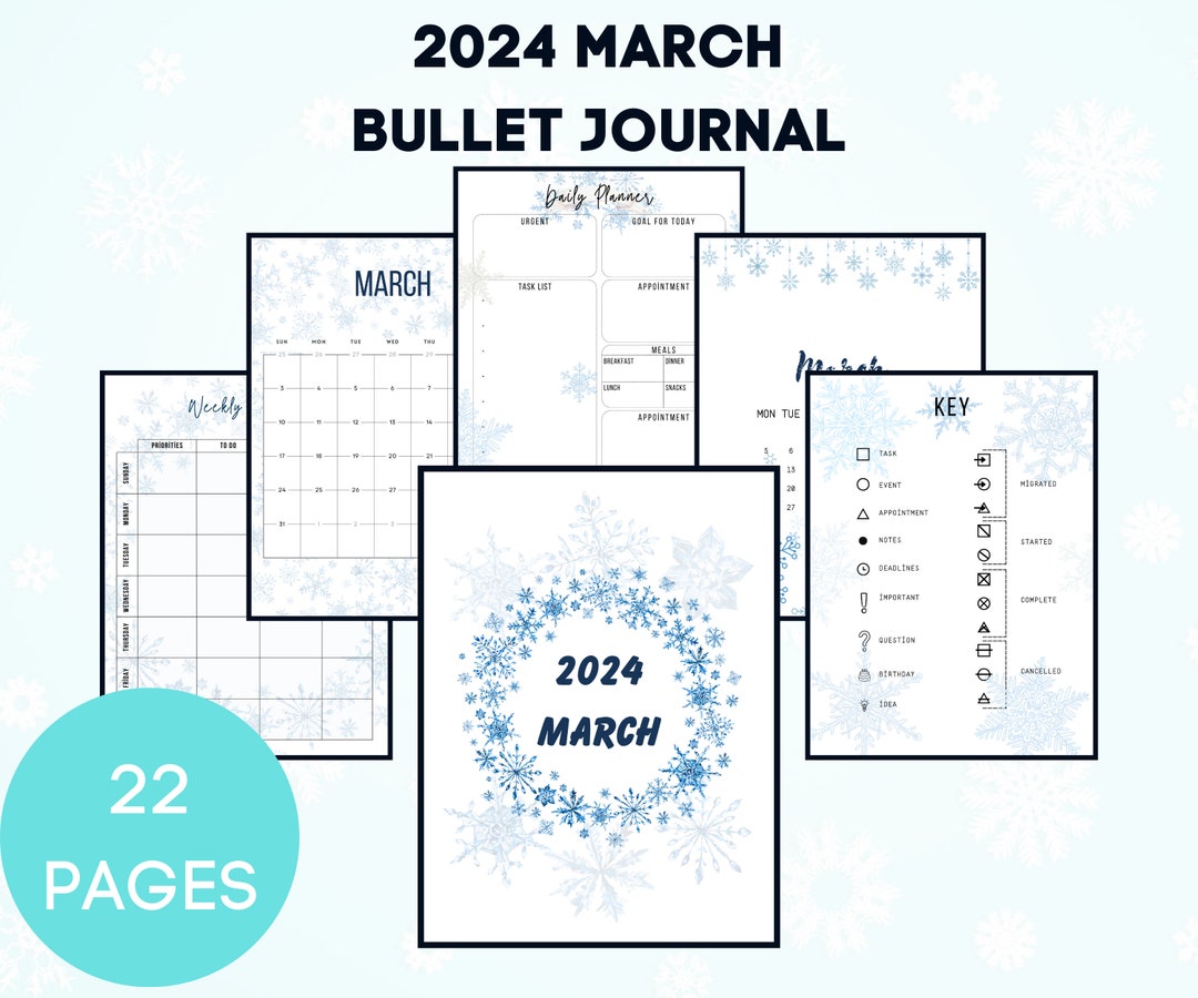 Snow Theme Printable Bullet Journal March 2024 Pre-made Bullet Journal ...