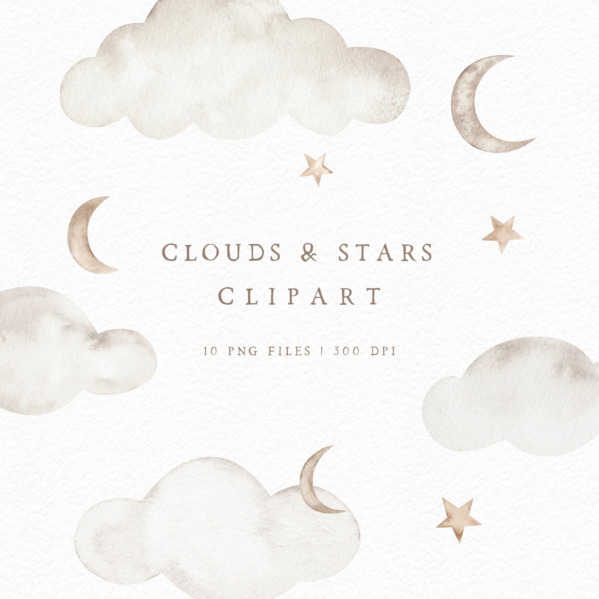 Watercolor Cloud Moon and Stars Clipart Set, Hand-painted Celestial Png ...