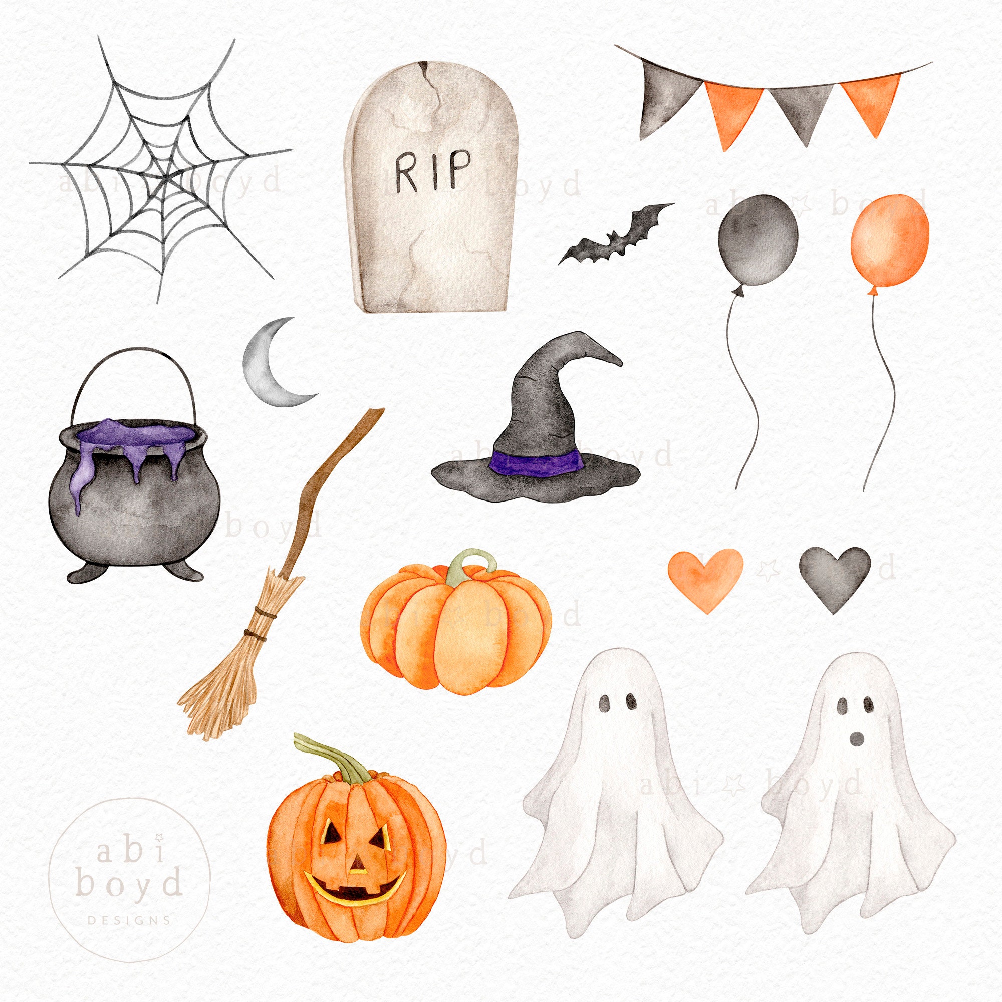 Watercolor Spooky Halloween Clipart, Halloween Pumpkin, Bat, Spiders ...