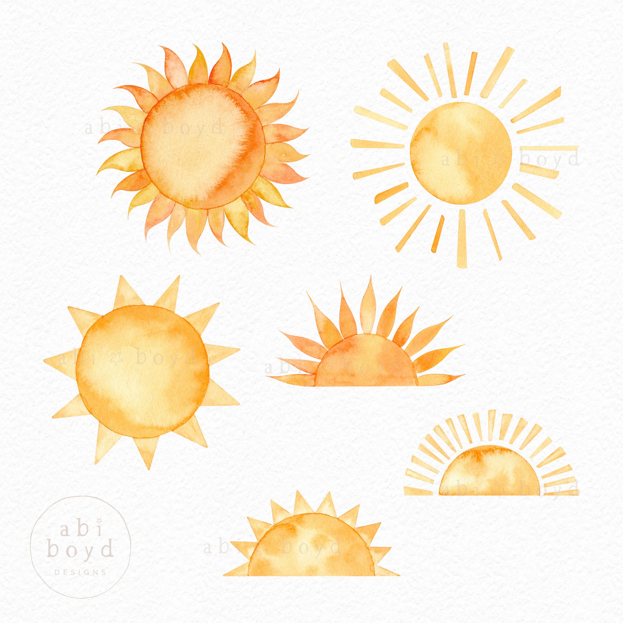 Watercolor Sun Clipart Set, Hand-painted Warm Sunset Png, Summer Clip ...