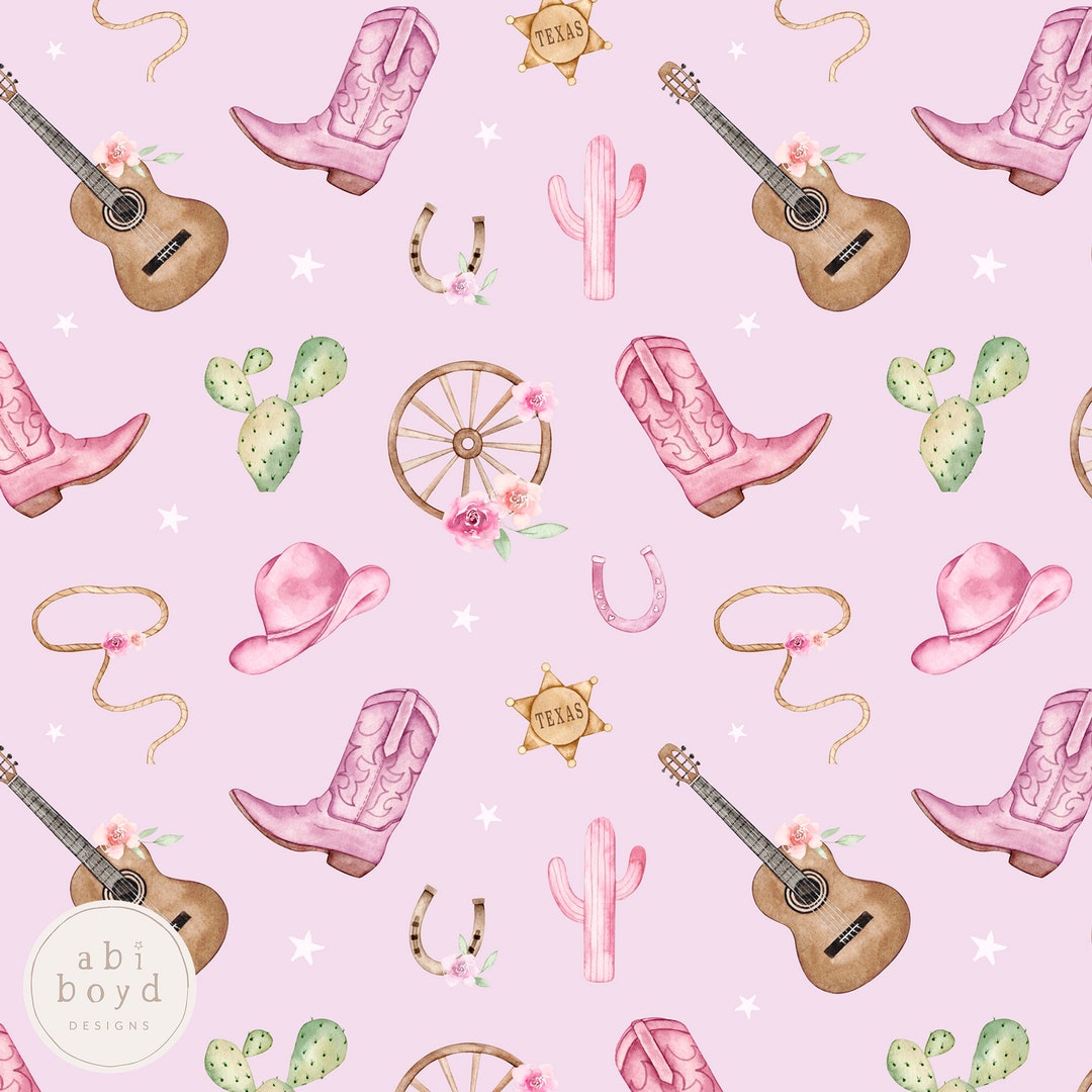 Pink Western Seamless Pattern, Hand Painted Boho Cowgirl Fabric Design ...