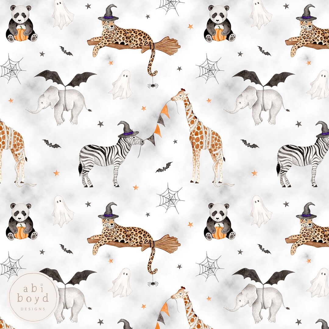 Halloween Seamless Pattern, Spooky Zoo Fabric Design, Cute Halloween ...