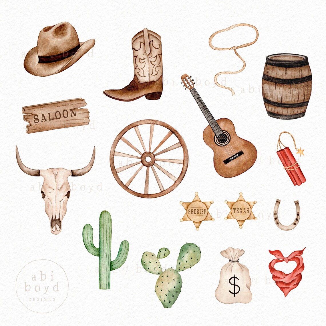 Watercolor Western Clipart Set | Hand-painted Wild West Png Bundle ...