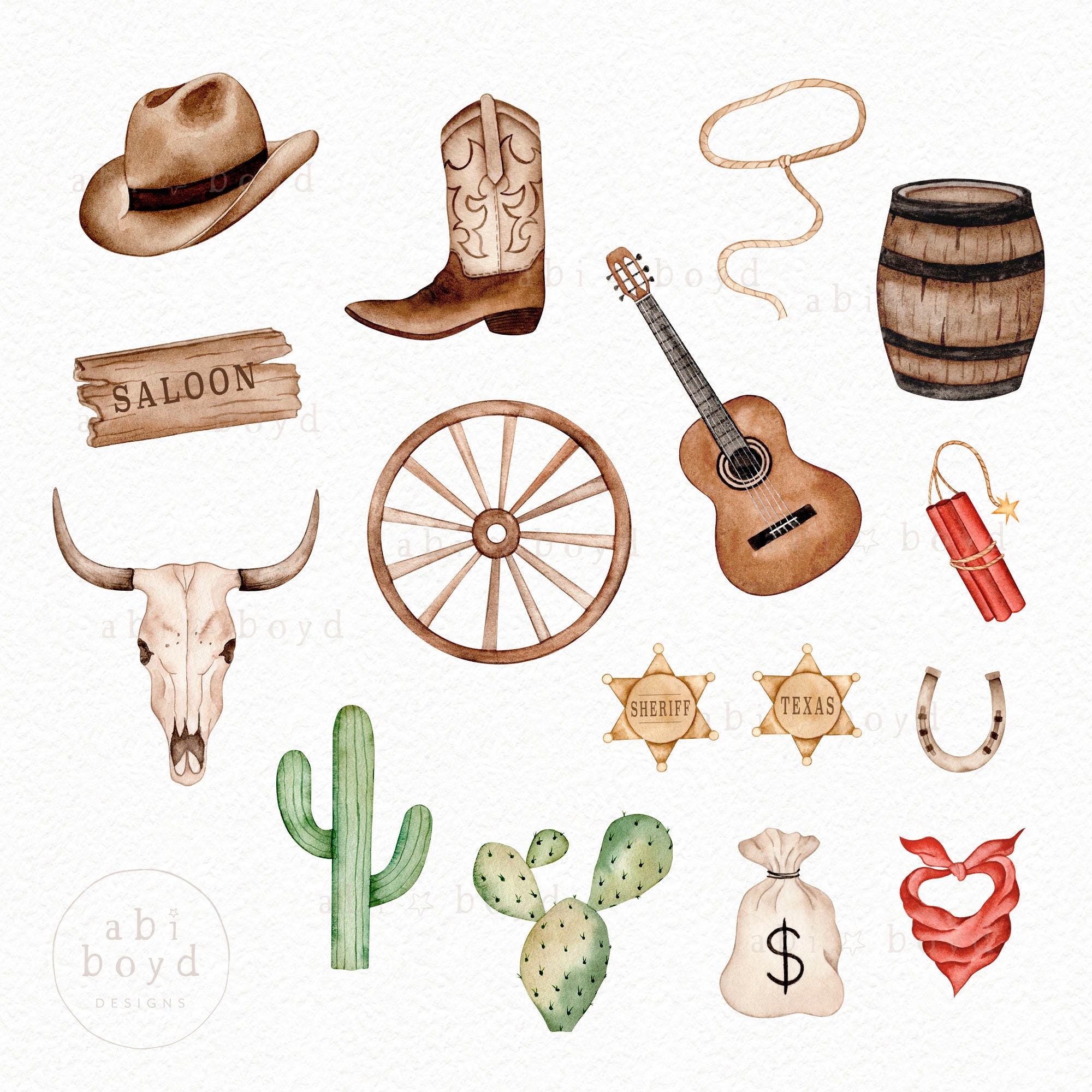 Watercolor Western Clipart Set | Hand-painted Wild West Png Bundle ...