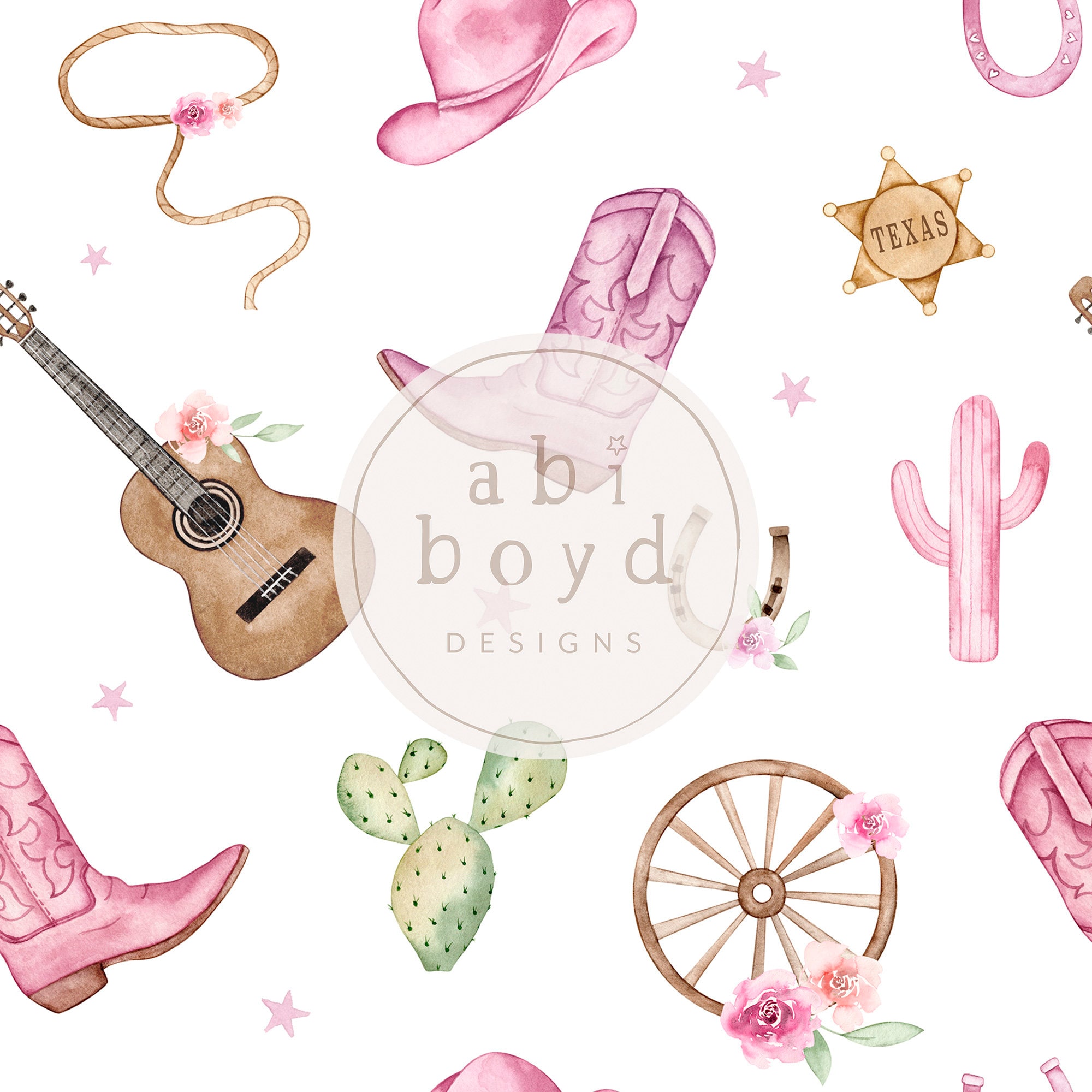 Boho Cowgirl Seamless Pattern, Hand Painted Pink Western Fabric Design ...