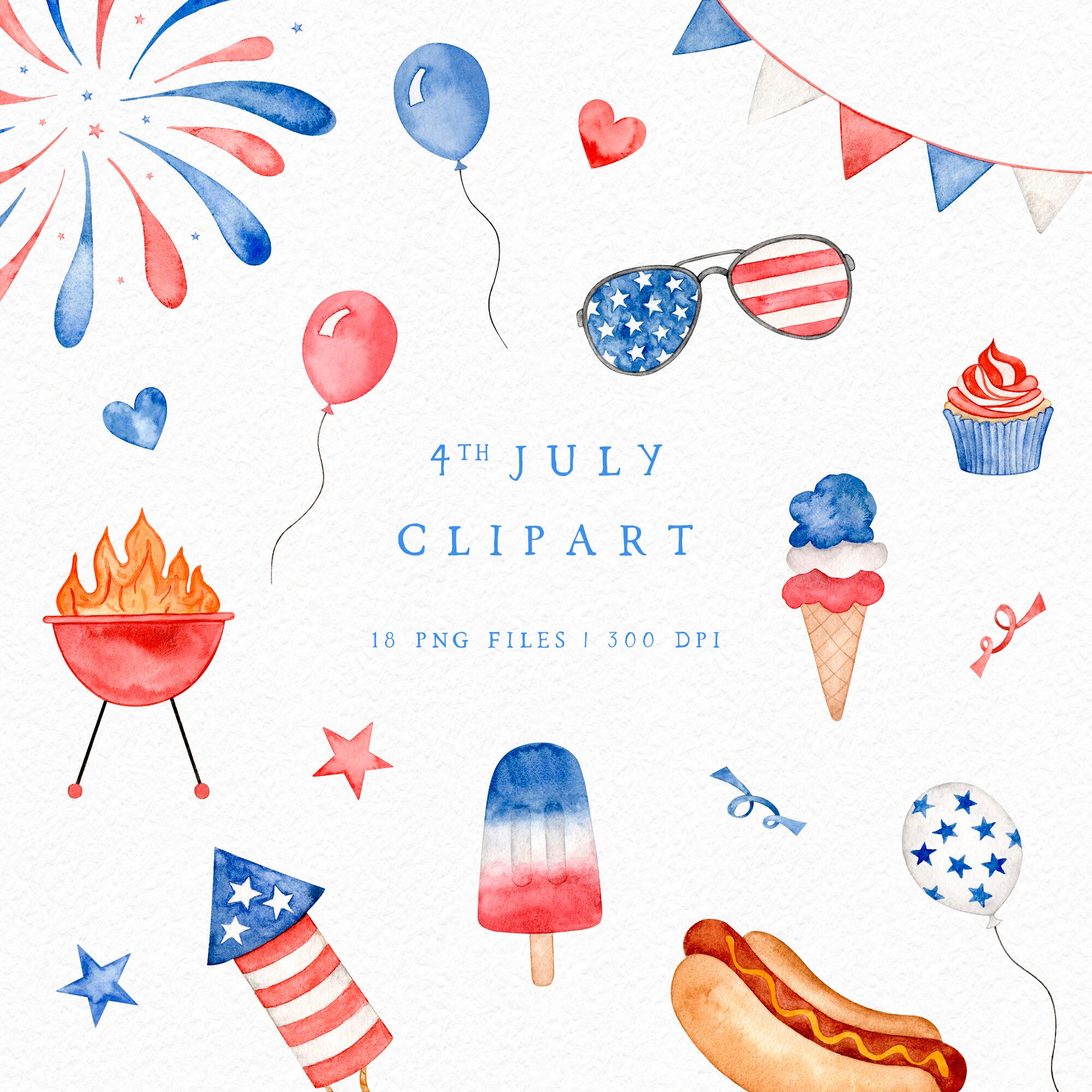 Watercolor 4th July Clipart Set, 4th July PNG, Patriotic Graphics ...