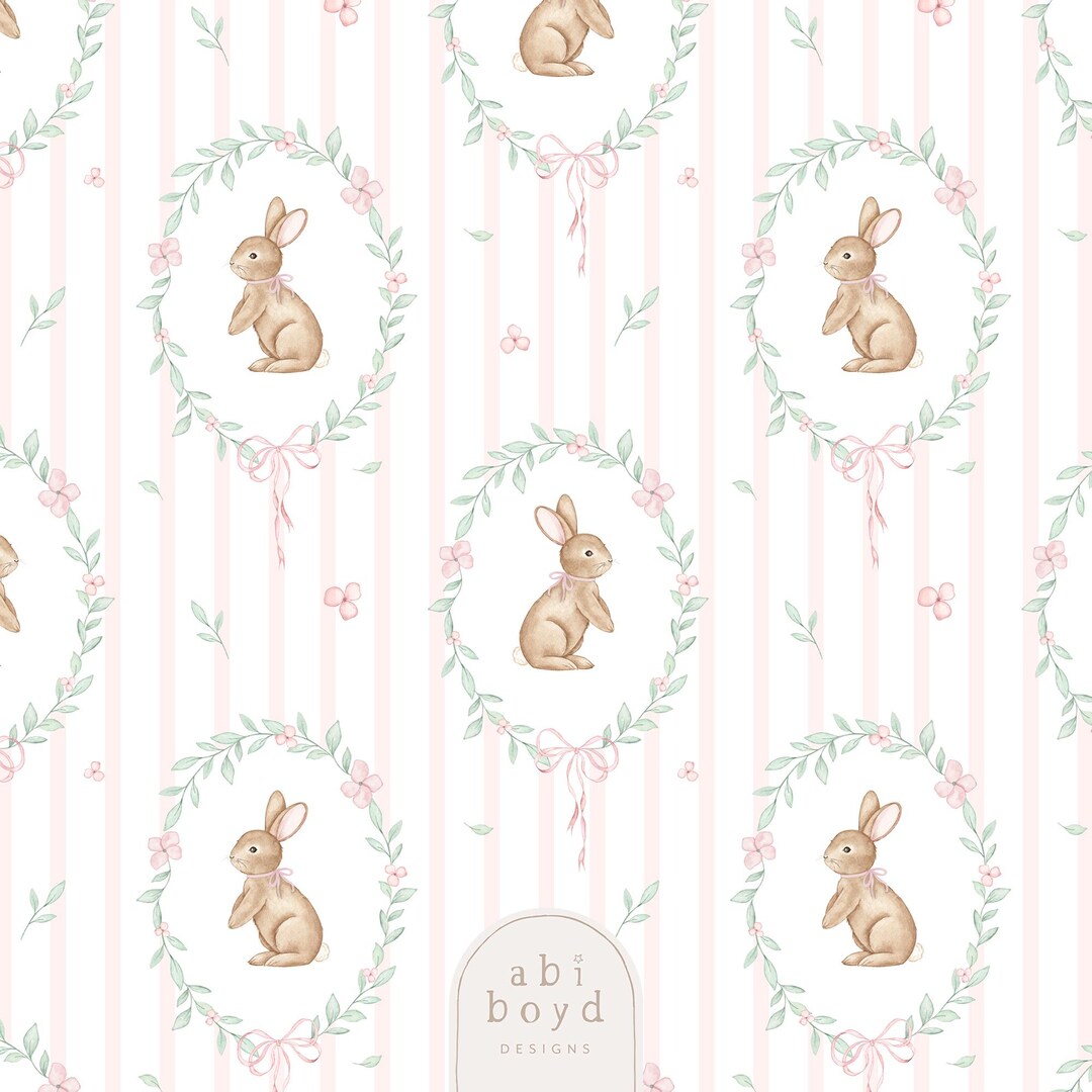 Pink Stripe Bunny Rabbit Seamless Pattern, Vintage Bunny Repeat Tile ...