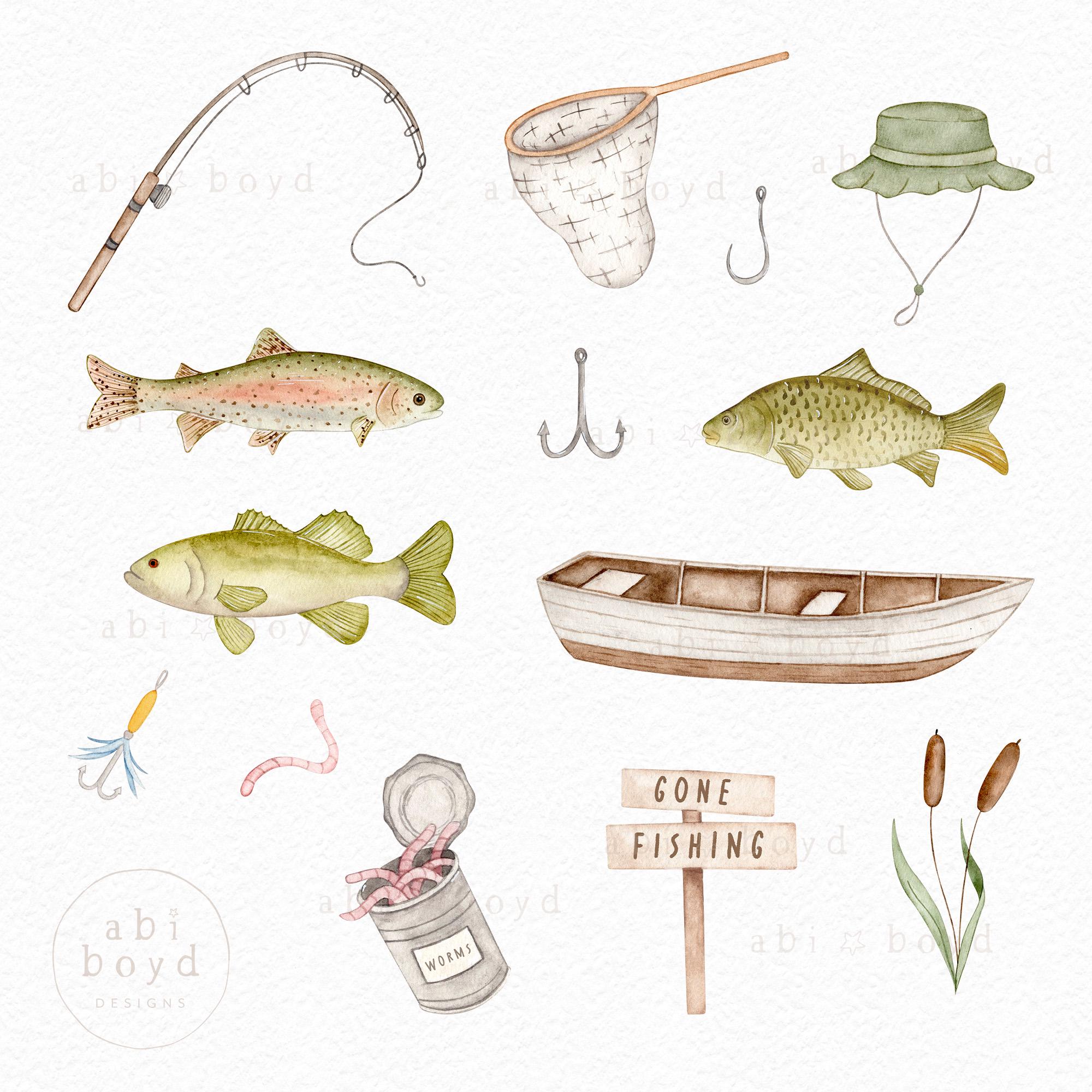 Watercolor Fishing Clipart Set | Hand-painted Gone Fishing Png Bundle ...