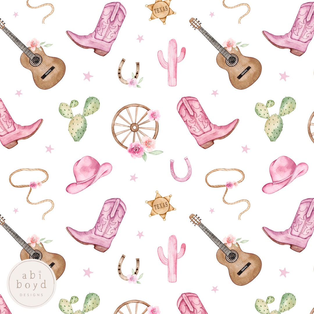 Boho Cowgirl Seamless Pattern, Hand Painted Pink Western Fabric Design ...