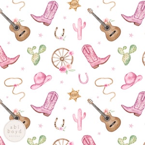 Boho Cowgirl Seamless Pattern, Hand Painted Pink Western Fabric Design ...