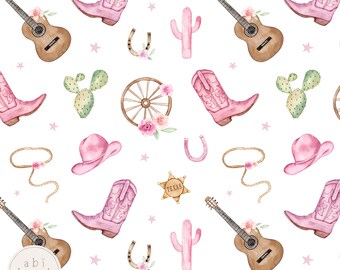 Pink Western Seamless Pattern, Hand Painted Boho Cowgirl Fabric Design ...