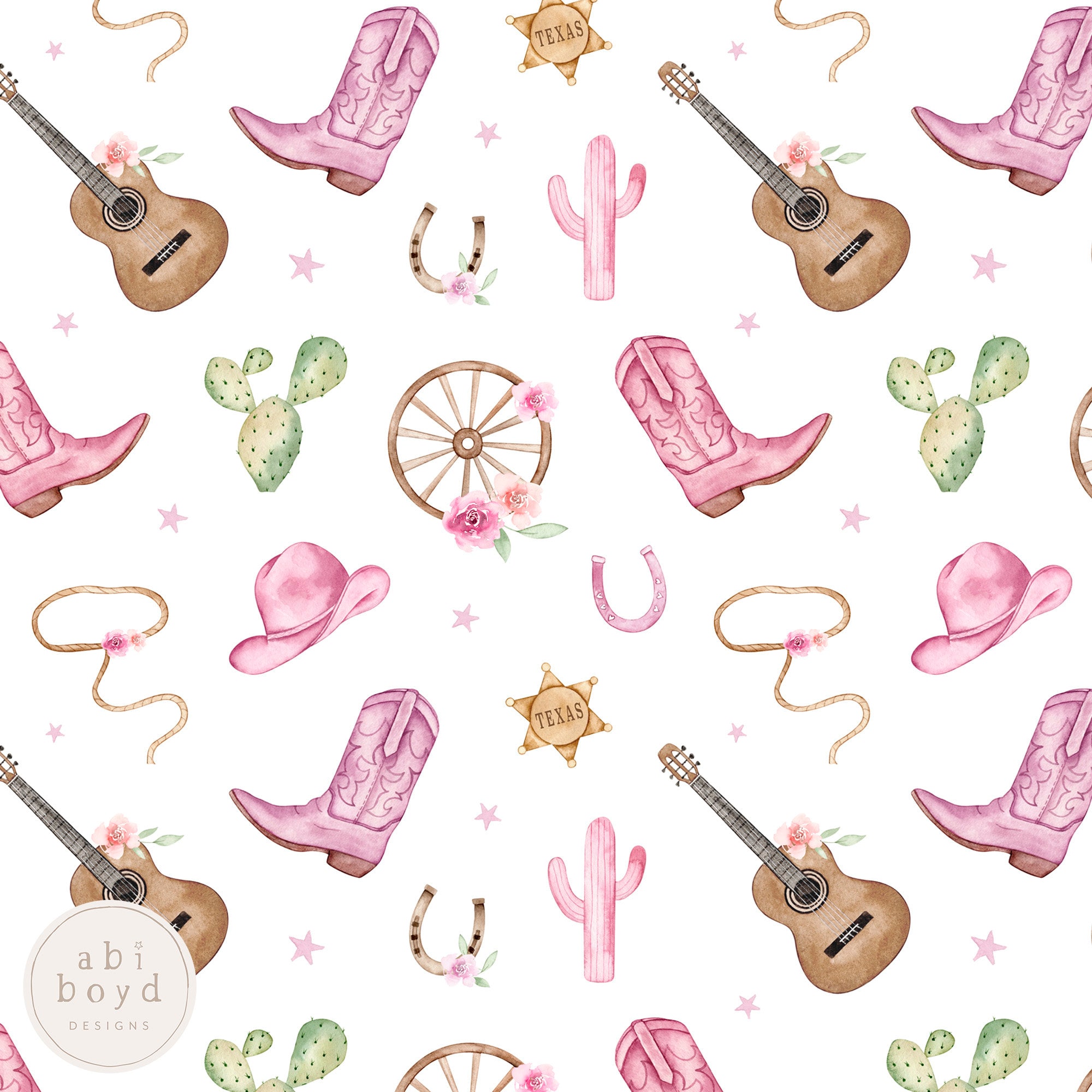 Boho Cowgirl Seamless Pattern, Hand Painted Pink Western Fabric Design ...