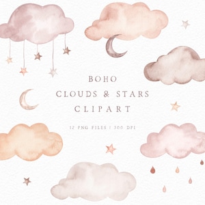 Boho Watercolor Cloud Moon and Stars Clipart Set, Hand-painted ...
