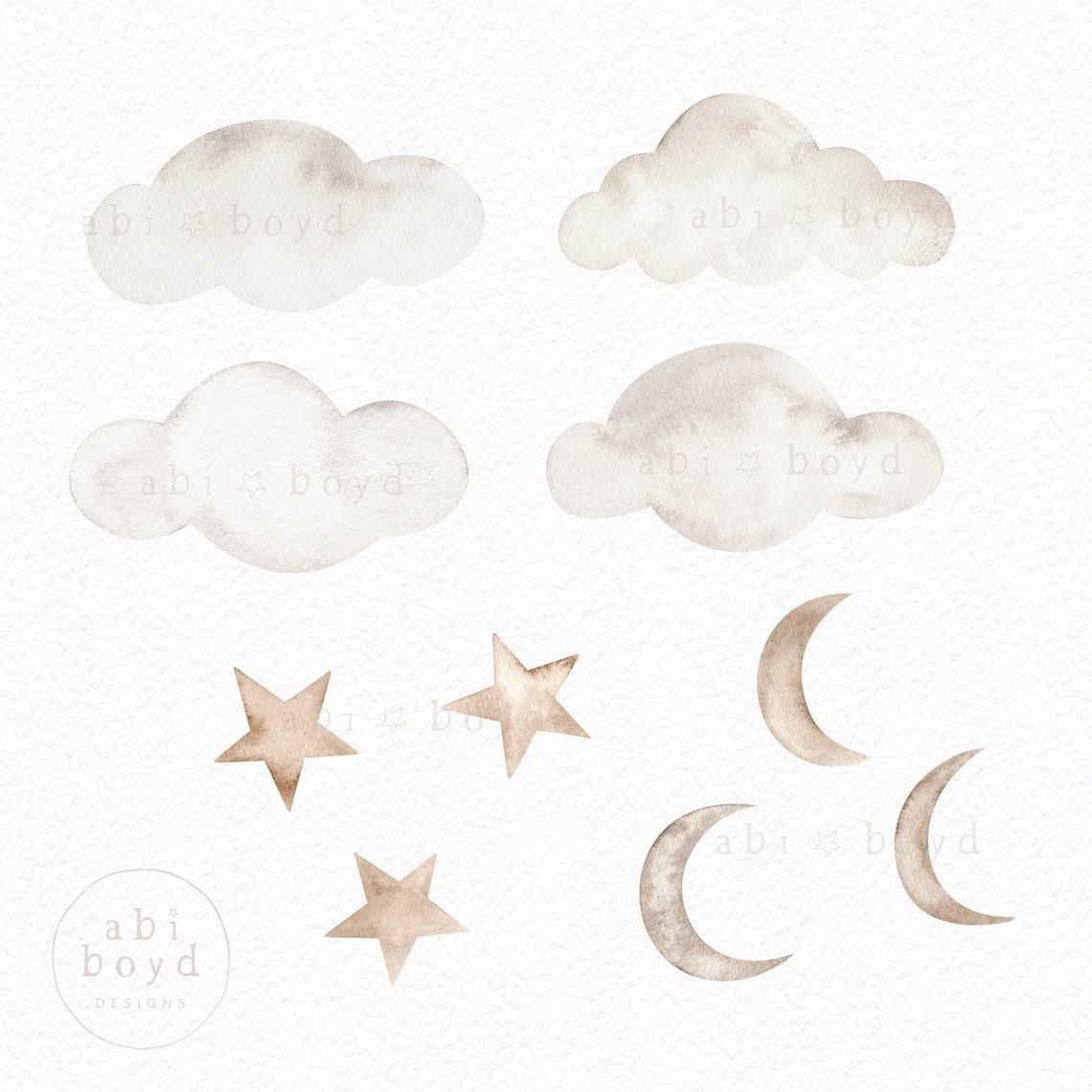 Watercolor Cloud Moon and Stars Clipart Set, Hand-painted Celestial Png ...