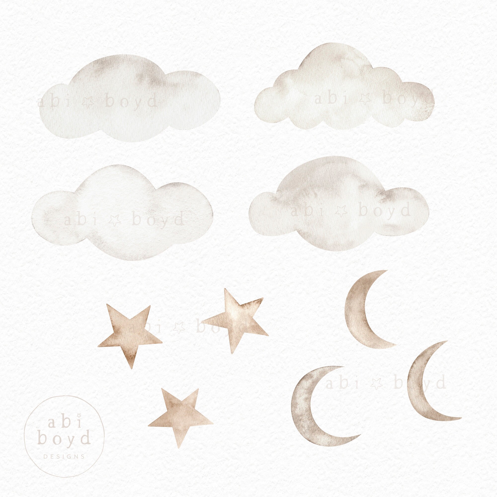 Watercolor Cloud Moon and Stars Clipart Set, Hand-painted Celestial Png ...
