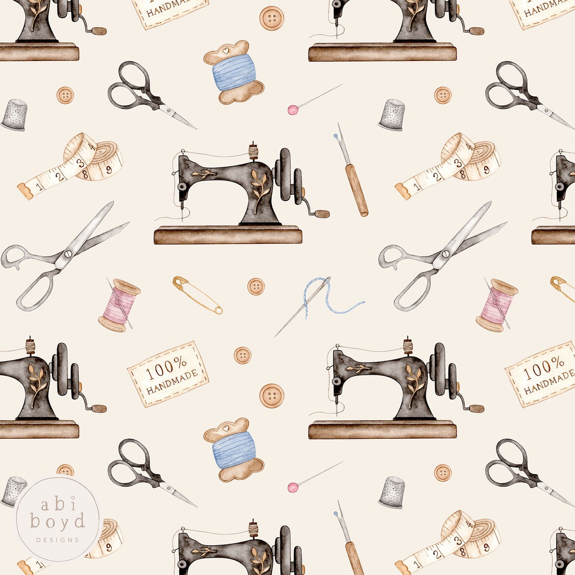 Sewing Seamless Pattern, Vintage Sewing Design for Handmade Businesses ...