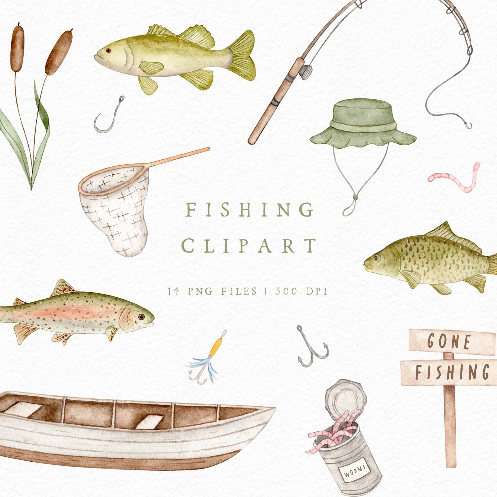 Watercolor Fishing Clipart Set | Hand-painted Gone Fishing Png Bundle ...