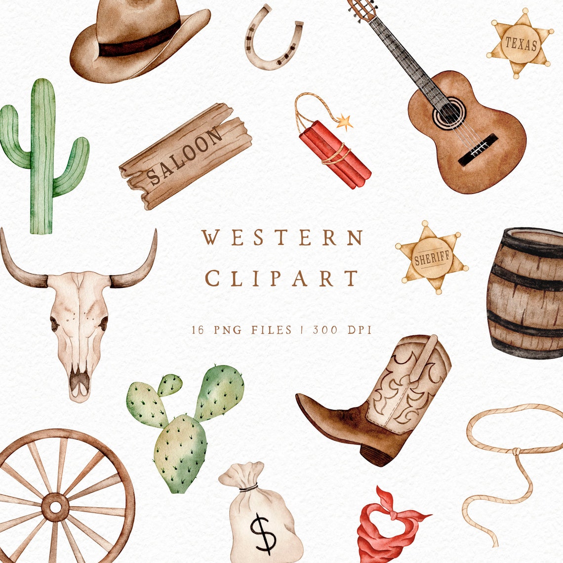 Watercolor Western Clipart Set | Hand-painted Wild West Png Bundle ...