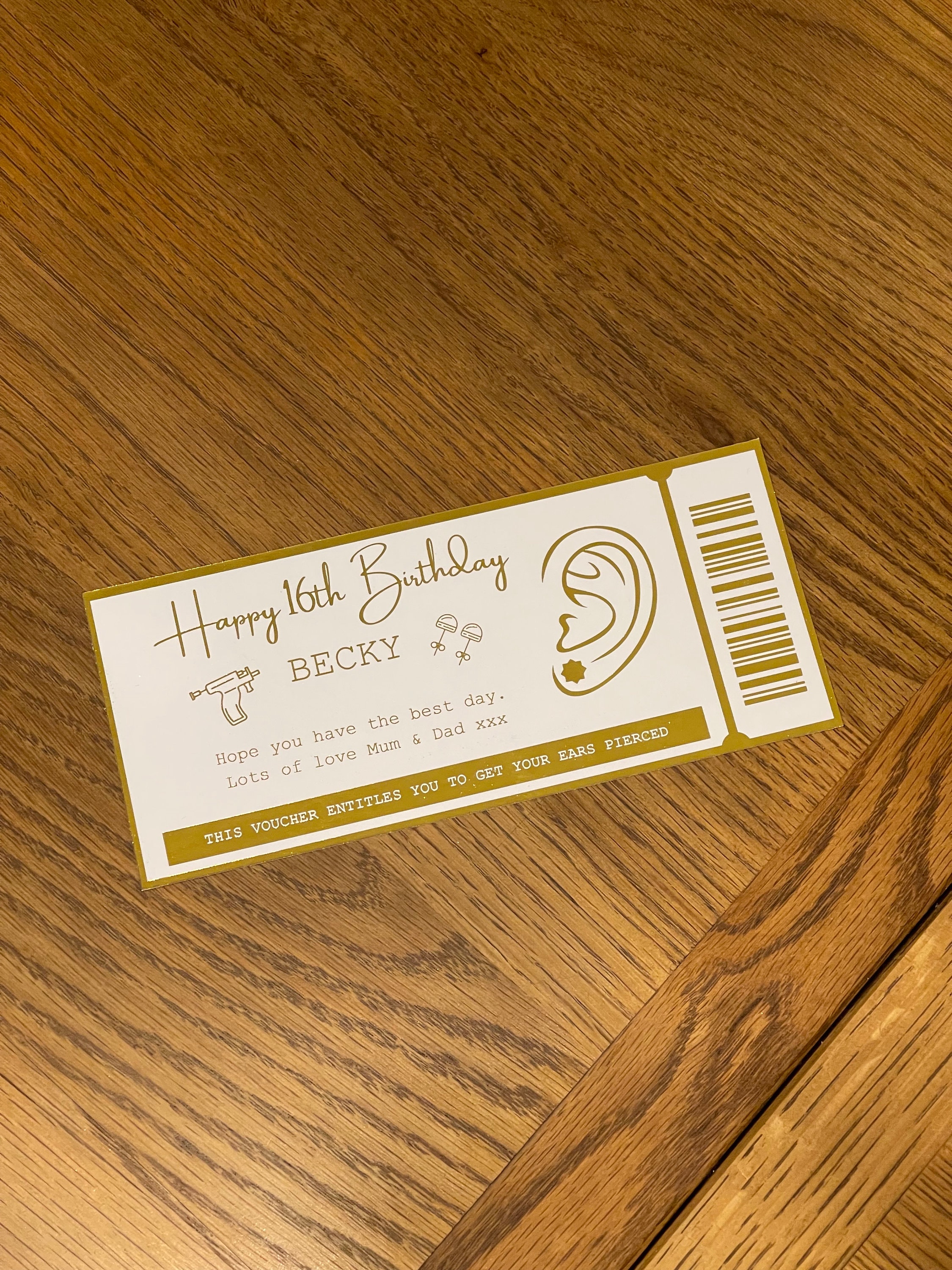 Personalised Ear Piercing Ticket, Surprise Ear Piercing Ticket, Gold ...