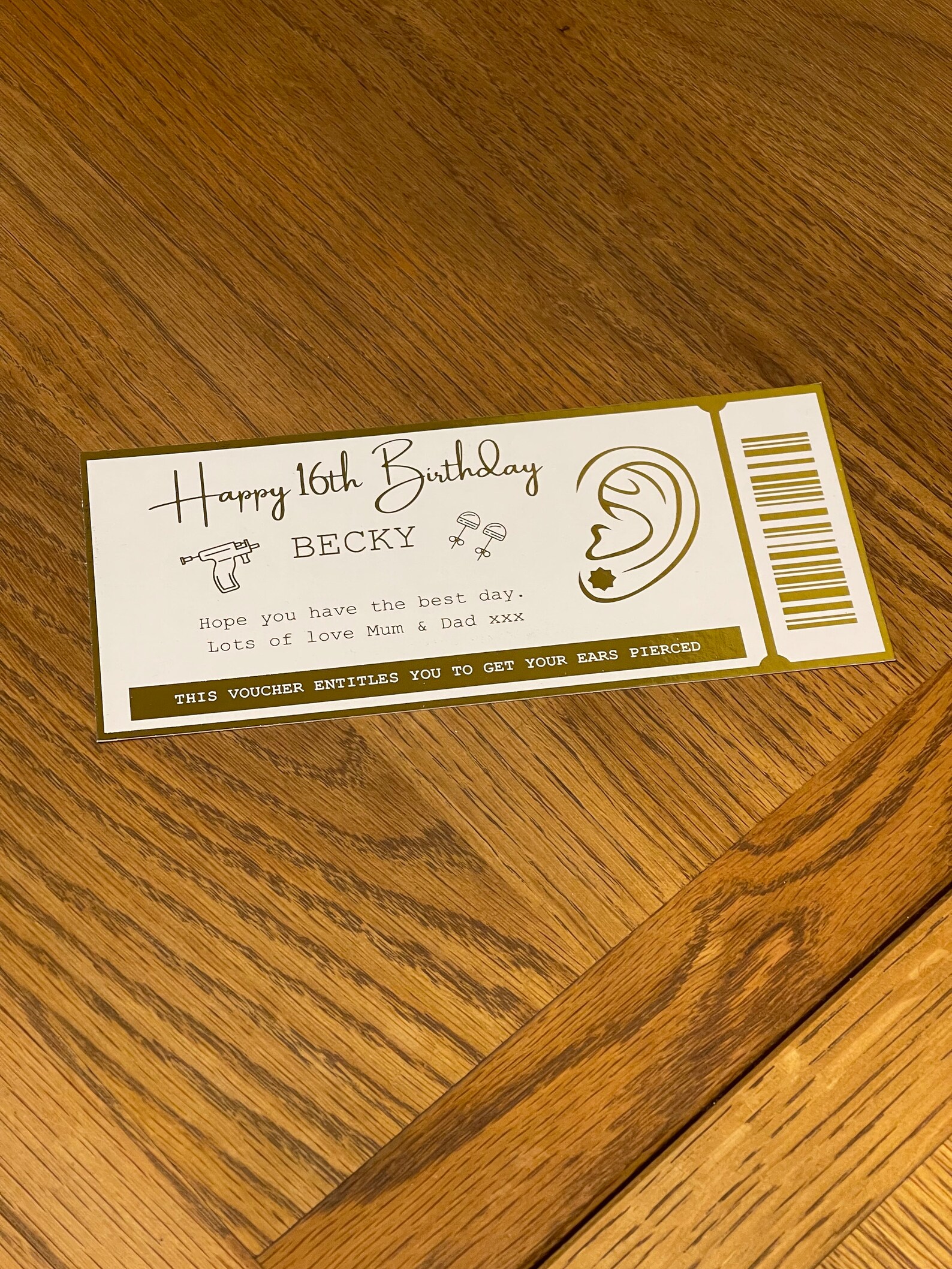 Personalised Ear Piercing Ticket, Surprise Ear Piercing Ticket, Gold ...