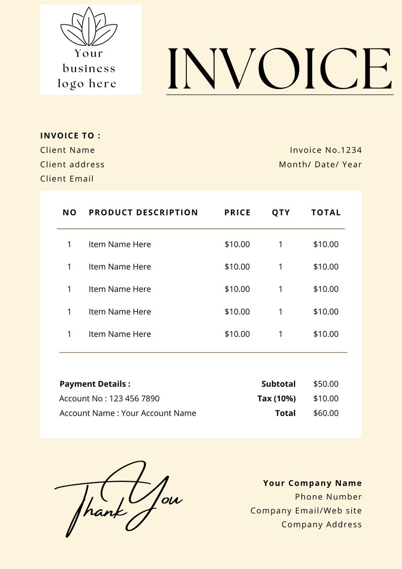 Invoice Editable Template Printable Order Form Invoice 12 - Etsy