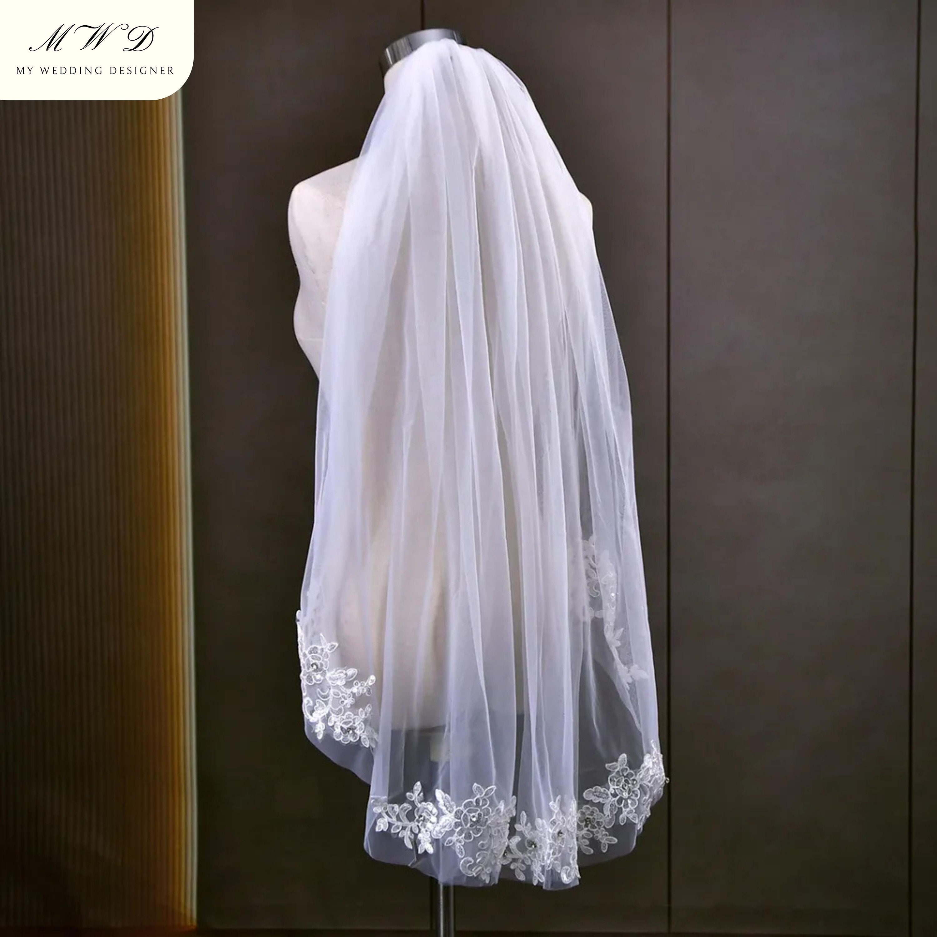 Lace Wedding Veil, Long Lace Veil, Bridal White Chapel, Ivory Chapel ...