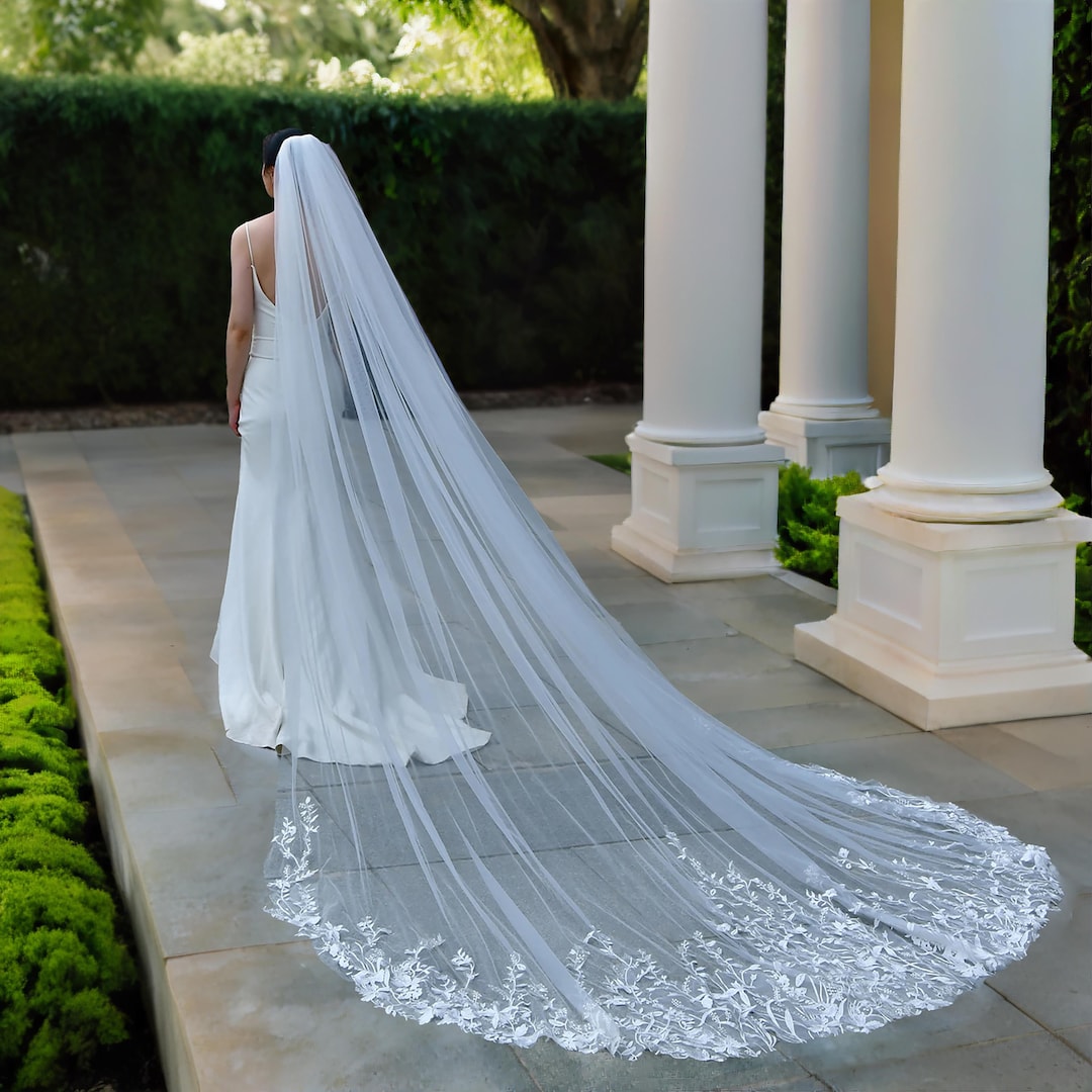 Lace Wedding Veil, Long Lace Veil, Bridal White Chapel, Ivory Chapel ...